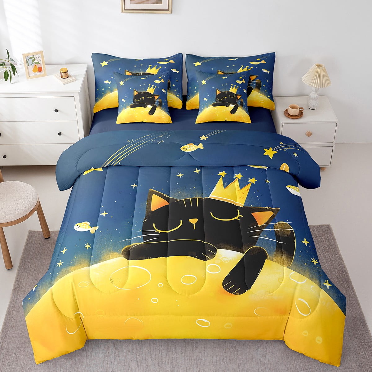Cute Black Cat 7 Pcs Comforter Set Full Size,Kawaii Prince Bedding ...