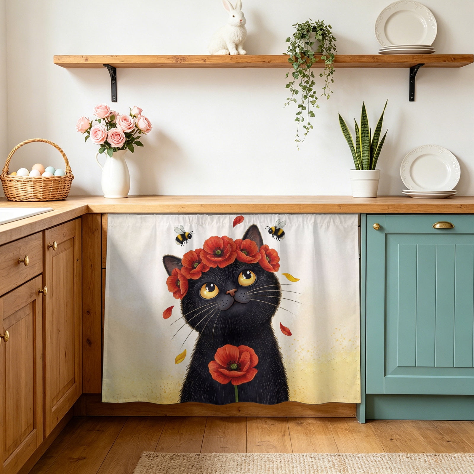 Cute Black Cat Cabinet Curtains 28" W x 35" L Red Flower Bee Country ...