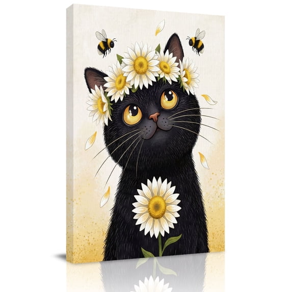 Cute Black Cat Canvas Wall Art for Living Room, White Daisy Flower Bee ...