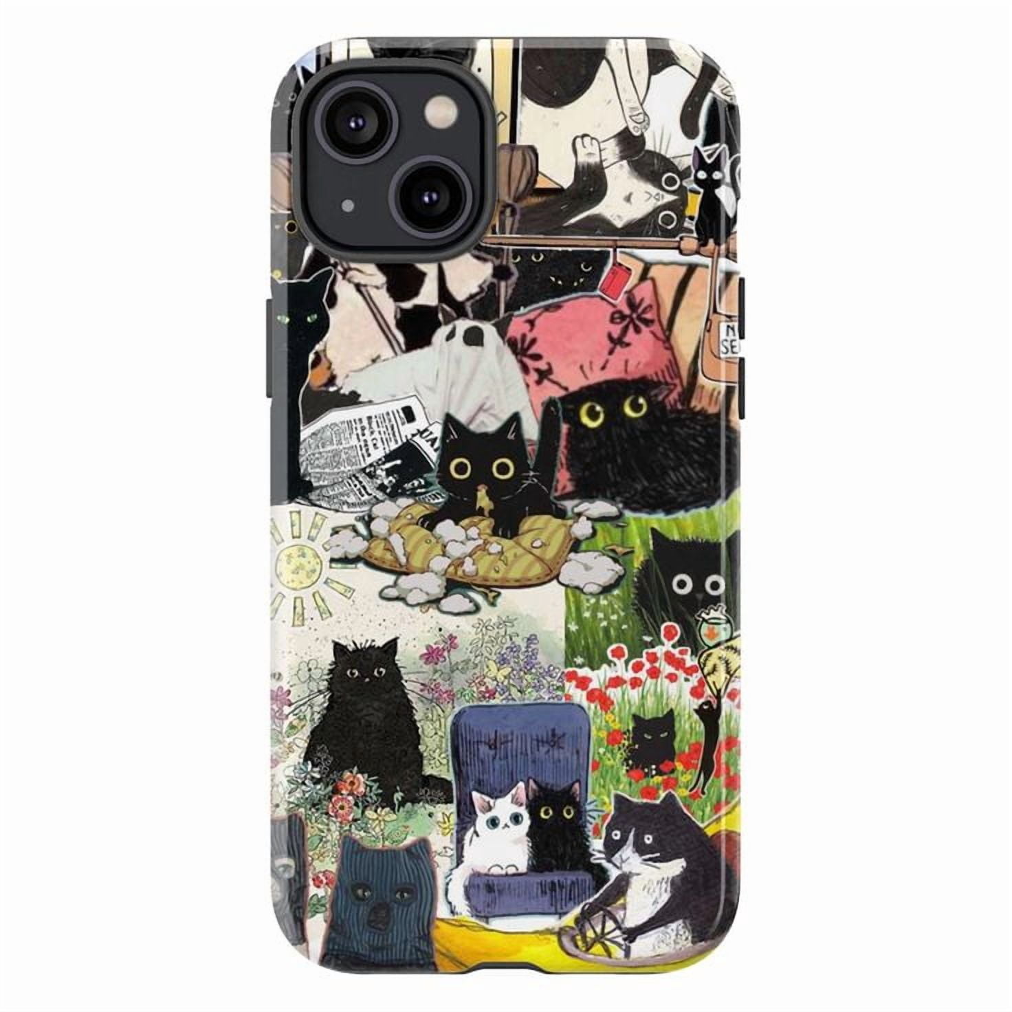 Cute Black Cat Collage Phone Case, Illustrated Kittens and Playful Cat ...