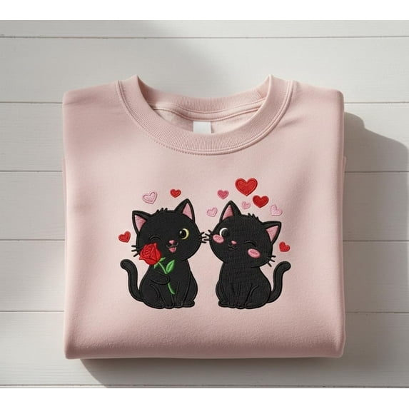 Cute Black Cat Couple Sweatshirt Rose Love Embroidered Valentine Gift ...