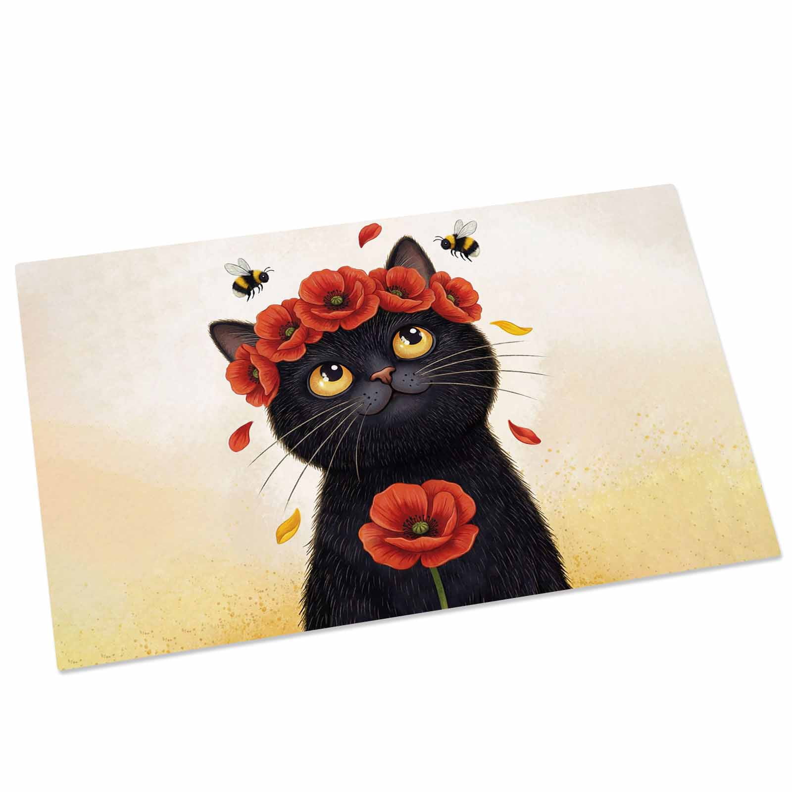 Cute Black Cat Door Mat 16x24 Inch Red Flower Bee Country Style Fields ...