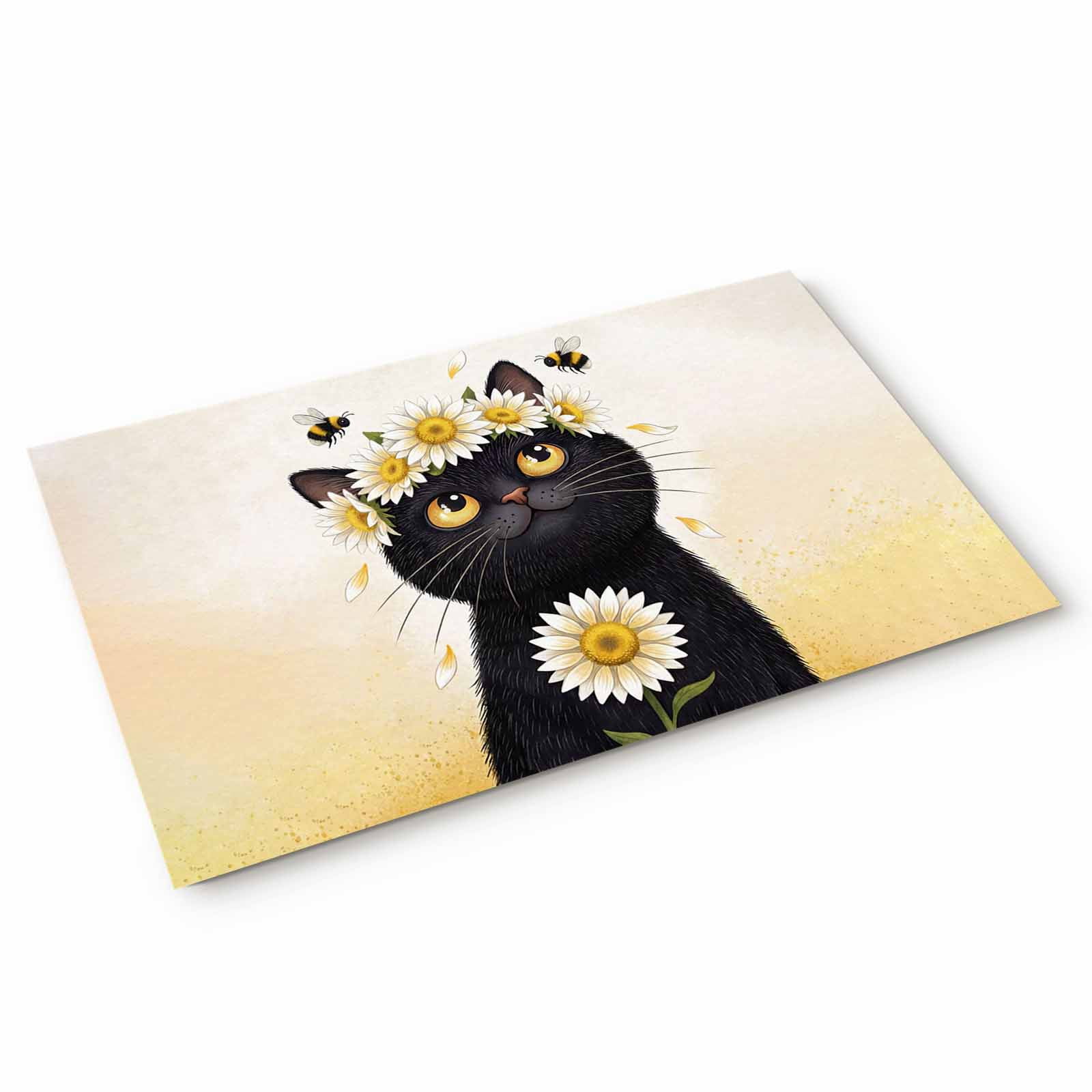Cute Black Cat Door Mat White Daisy Flower Bee Country Fields Non Slip ...