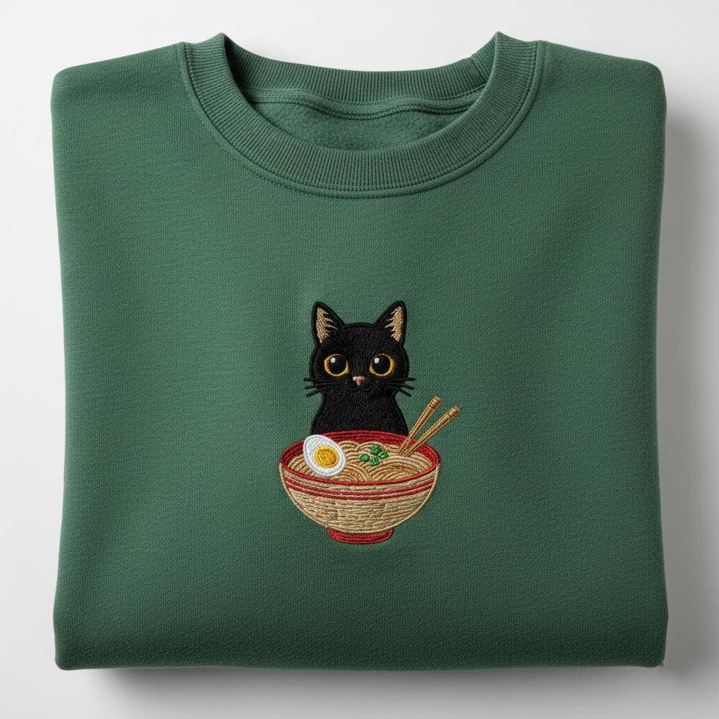 Cute Black Cat Embroidered Sweatshirt, Tiny Cat In Ramen Bowl Shirt ...