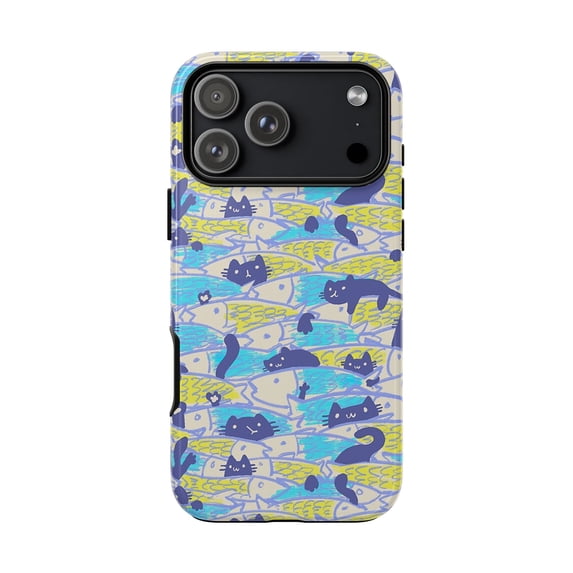 Cute Black Cat Fish Pattern Tough Phone Case for iPhone, Glossy ...