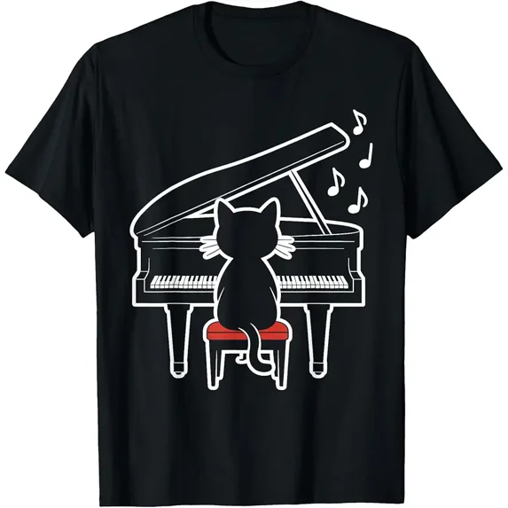 Cute Black Cat Playing Piano Musician Unisex Graphic Short Sleeve T ...