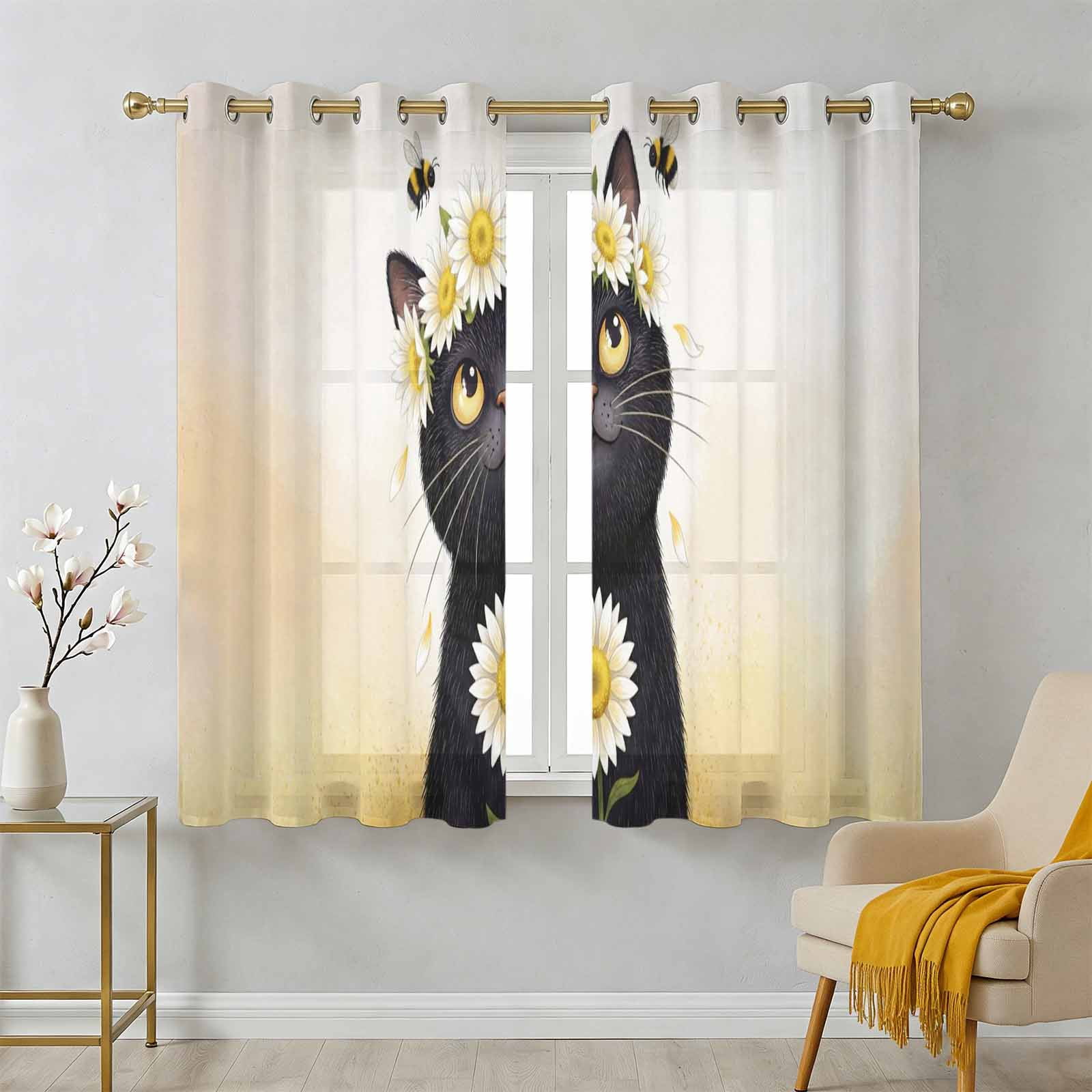 Cute Black Cat Sheer Curtains 39 Inch Long 2 Panels, White Daisy Flower ...