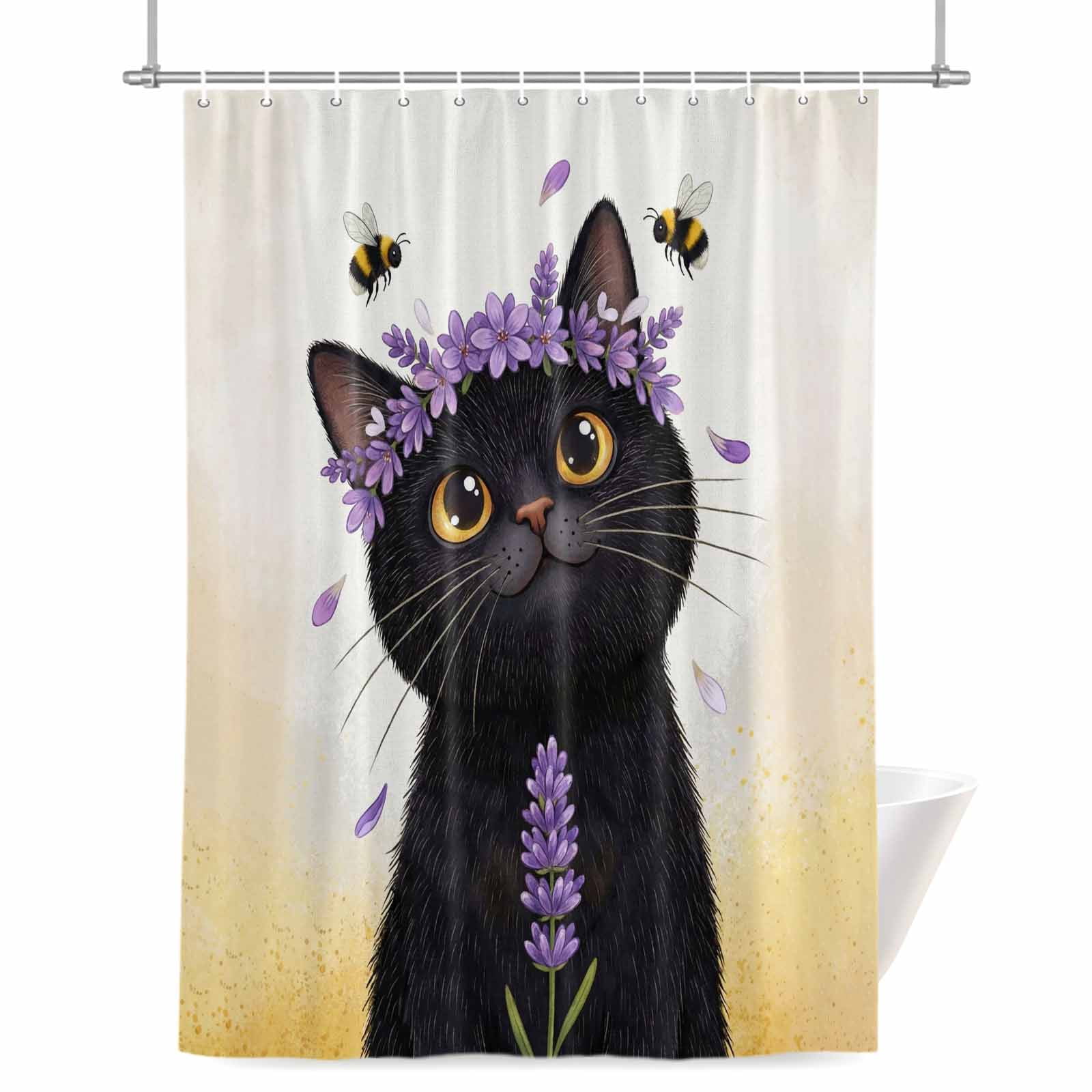 Cute Black Cat Shower Curtain, Purple Lavender Flower Bee Country Style ...