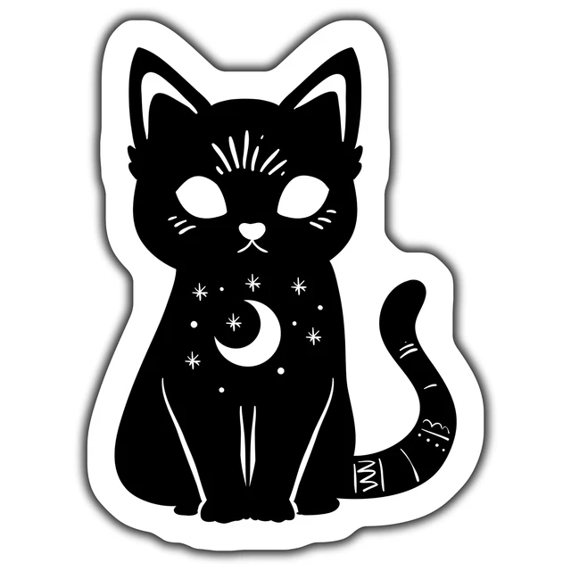 Cute Black Cat Sticker, Moon And Stars Design Sticker, Aesthetic Kitty ...
