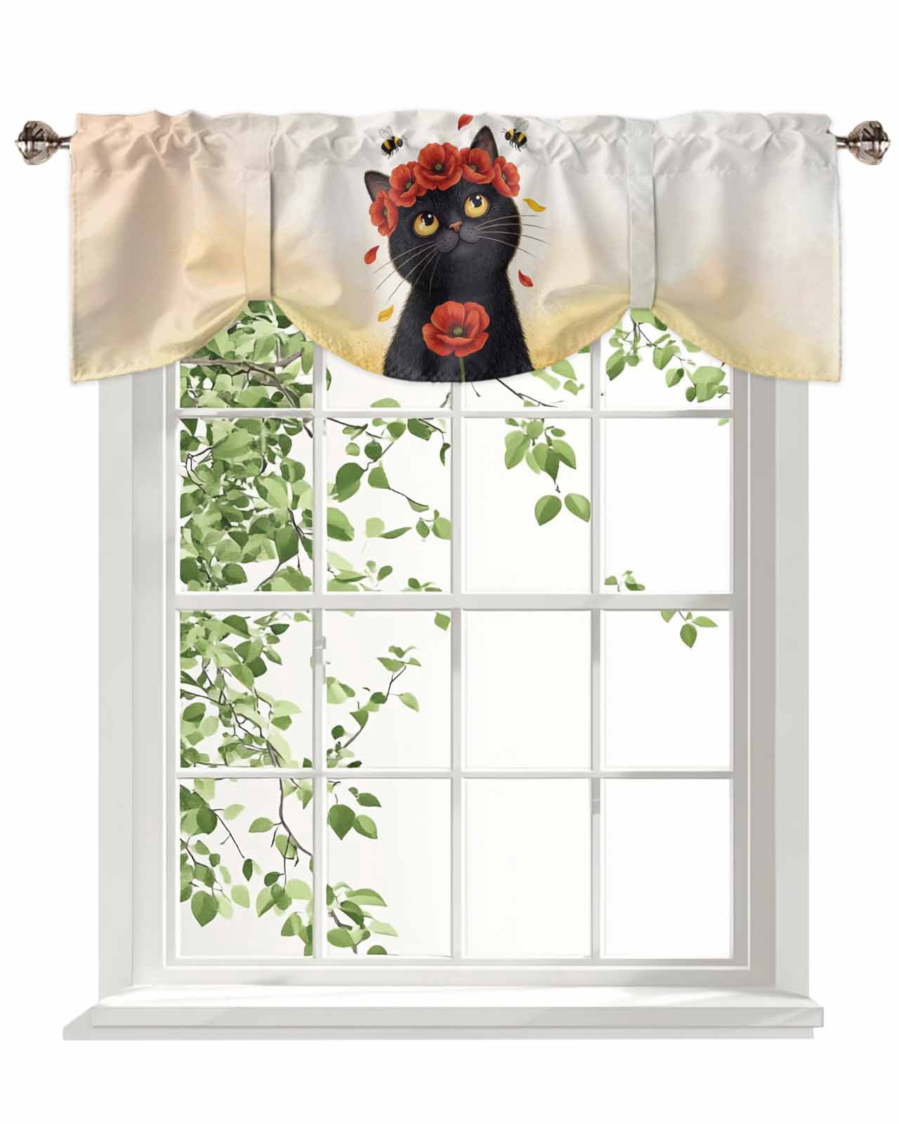 Cute Black Cat Tie Up Valances Curtain, Red Flower Bee Country Style ...