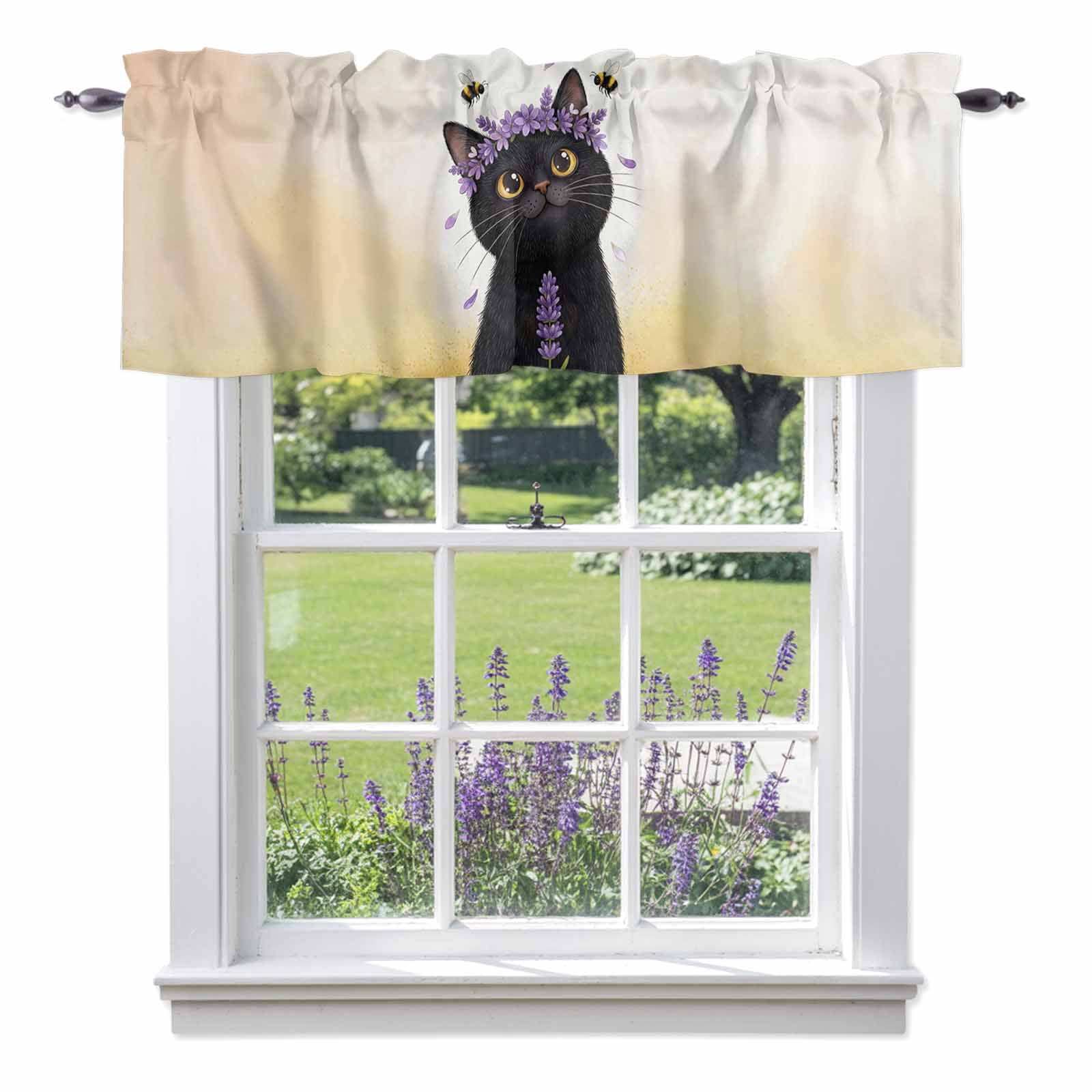 Cute Black Cat Valance Curtain for Windows Purple Lavender Flower Bee ...