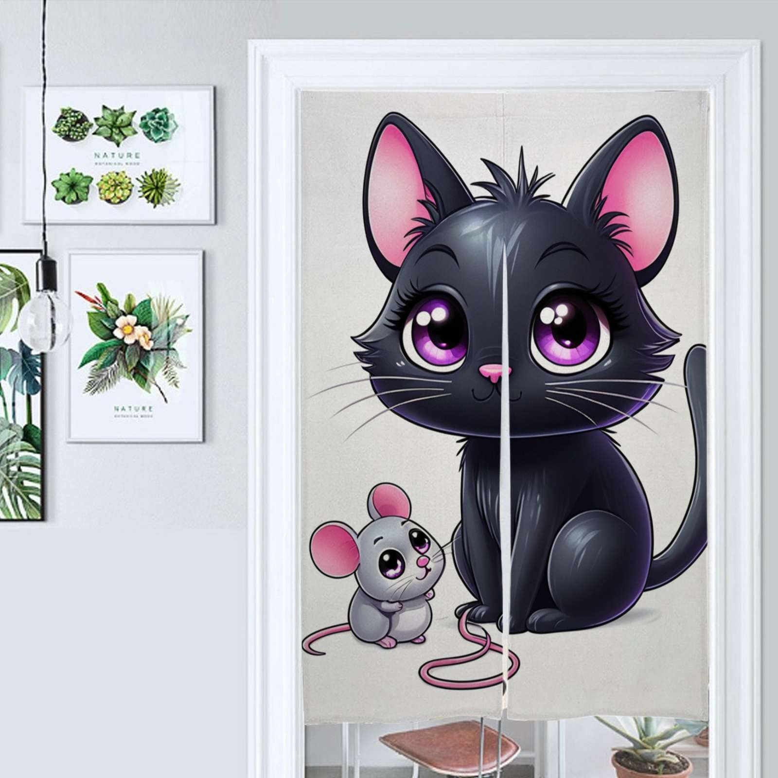 Cute Black Cat With Mouse Door Curtain Nordic Living Room DoorCurtain ...