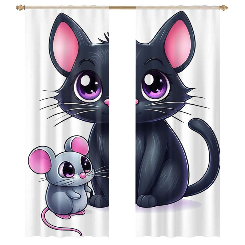 Cute Black Cat With Mouse Tulle Curtains For Living Room Chiffon Sheer ...