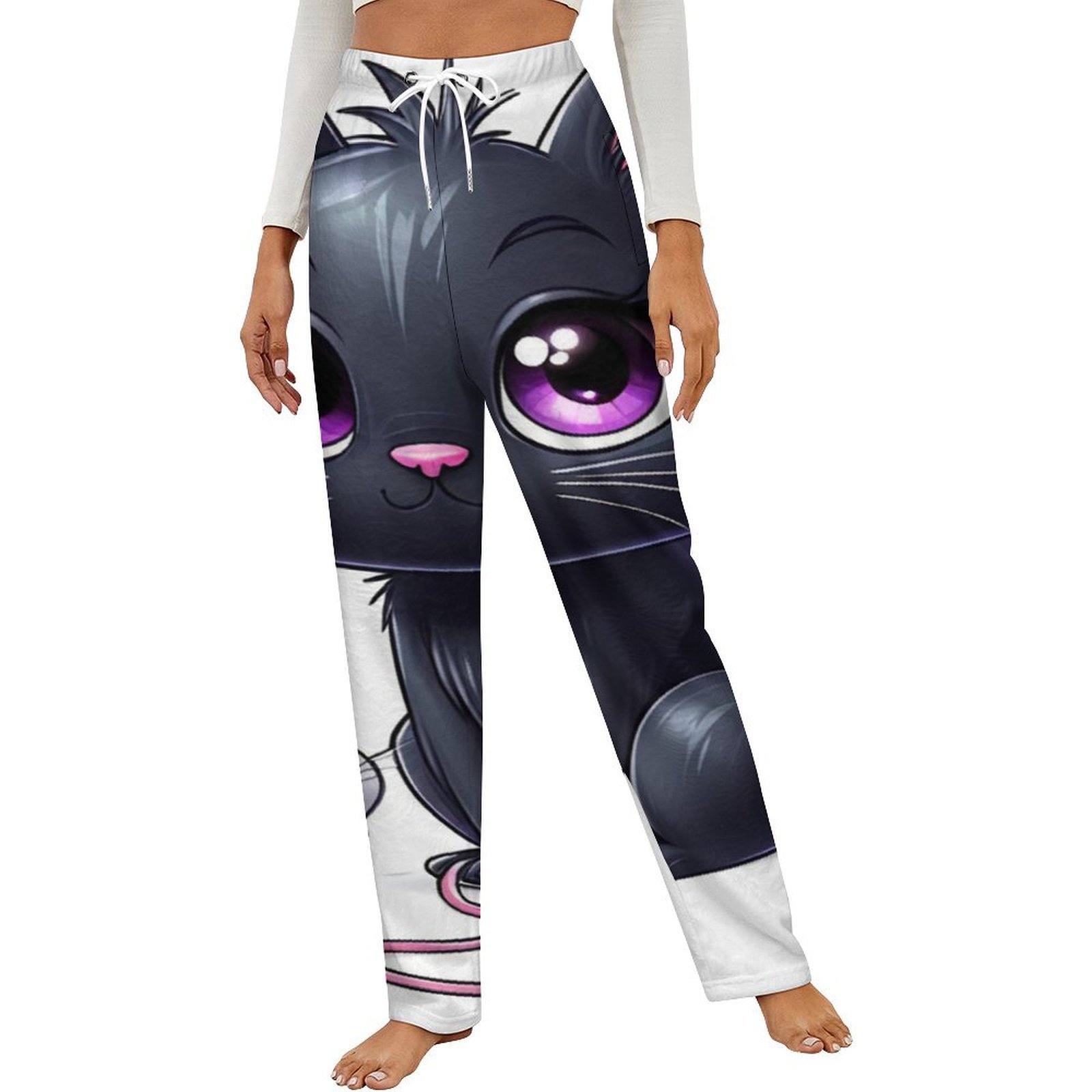 Cute Black Cat With Mouse Winter Female Pants Flannel High Waist Women ...