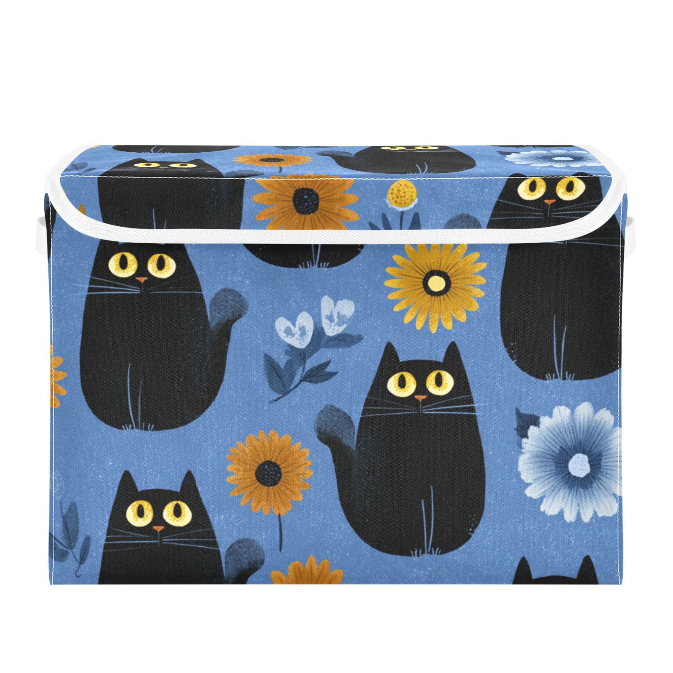Cute Black Cats Orange Blue Flowers Foldable Storage Bin with Lid and ...