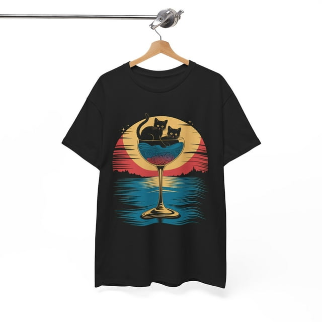 Cute Black Cats in Cocktail Glass T-Shirt – Retro Sunset Graphic Tee ...