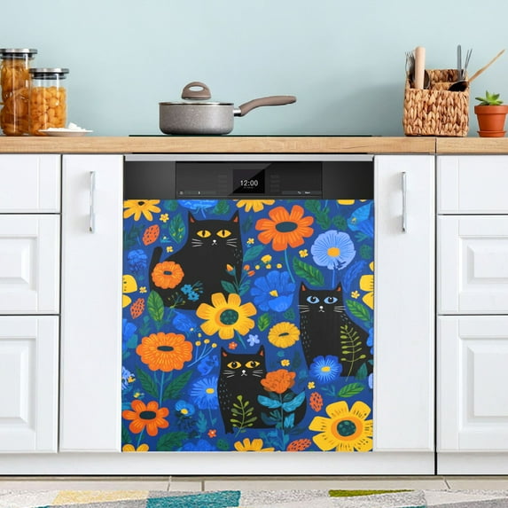 Cute Black Cats in Colorful Flowers Dishwasher Magnet Refrigerator ...