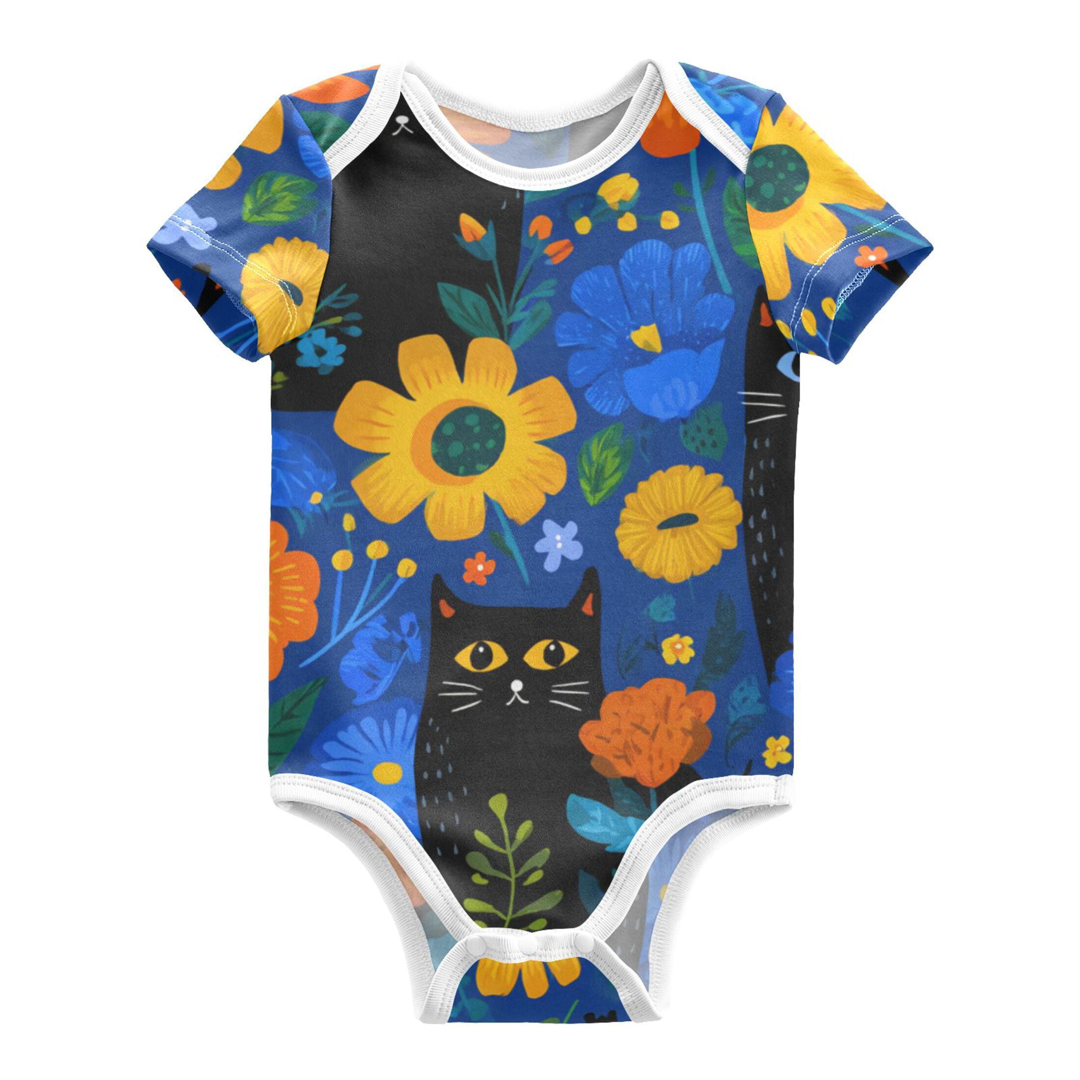 Cute Black Cats in Colorful Flowers Pure Cotton Bodysuit Short Sleeve ...