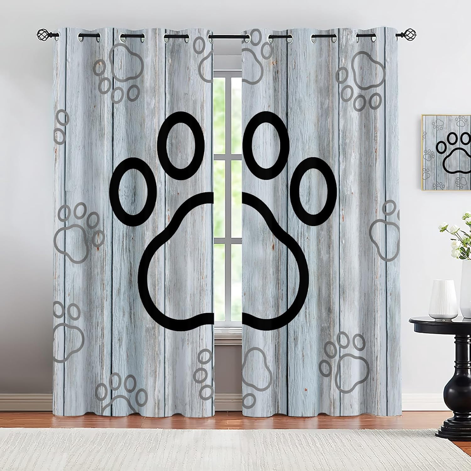 Cute Black Dog Paw Prints Kid's Window Treatments Antique Wood Board ...