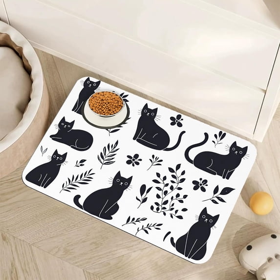 Cute Black Flower Dog Cat Food Mat,Absorbent Pet Feeding Mat with ...