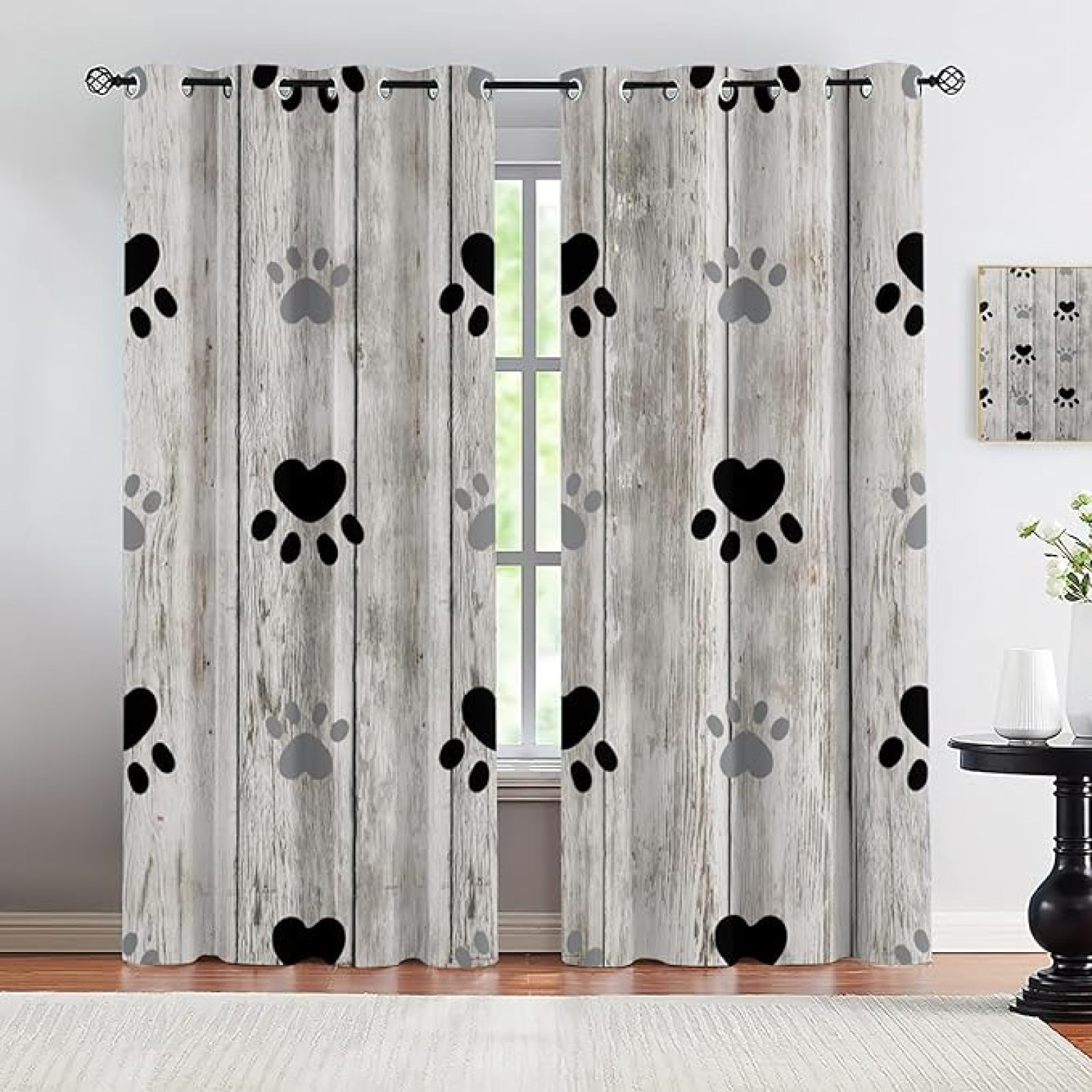 Cute Black And Gray Paw Prints Print Curtain, Vintage Gray Wood Board ...