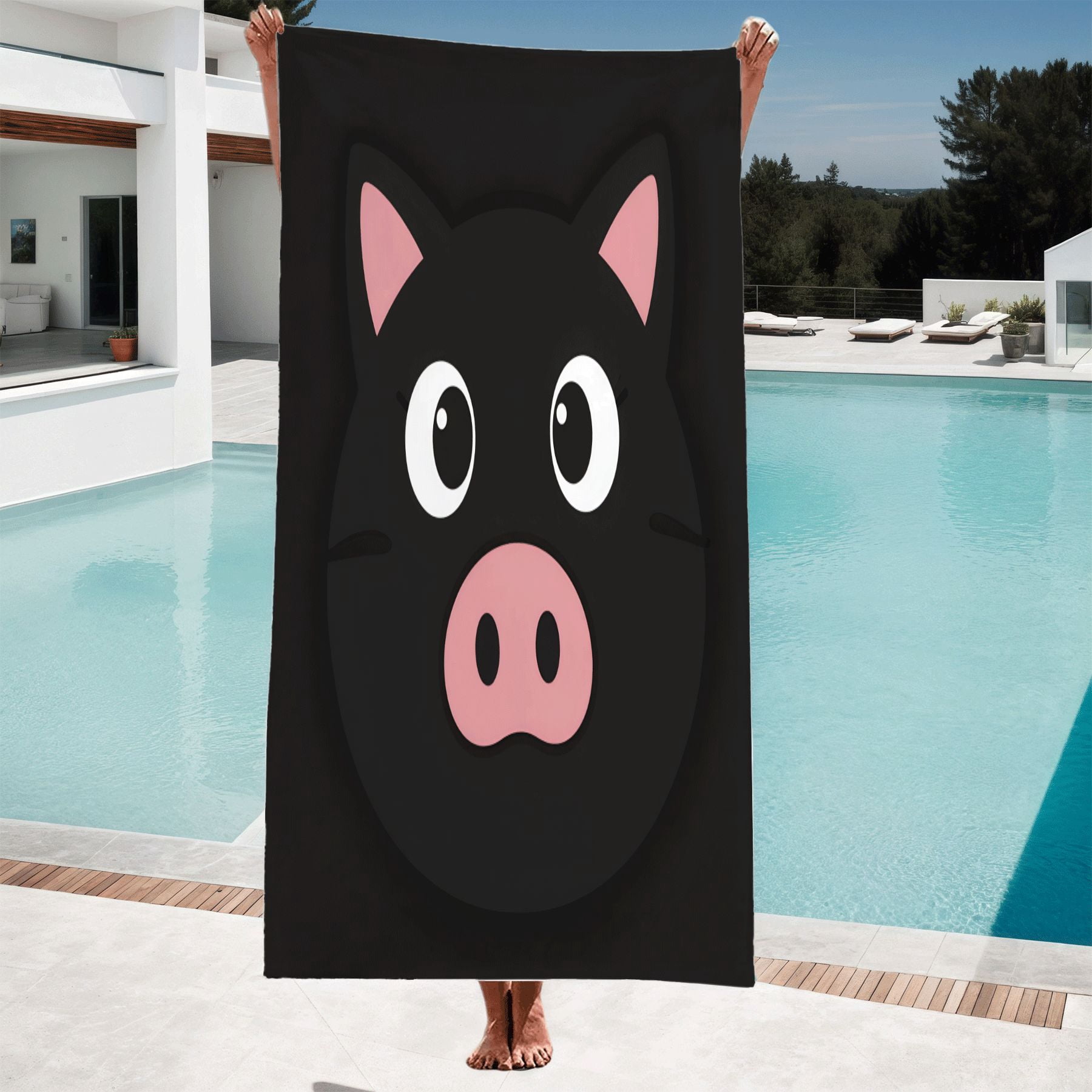 Cute Black Pig Beach Towel - Adorable Pig Design with Expressive Eyes ...