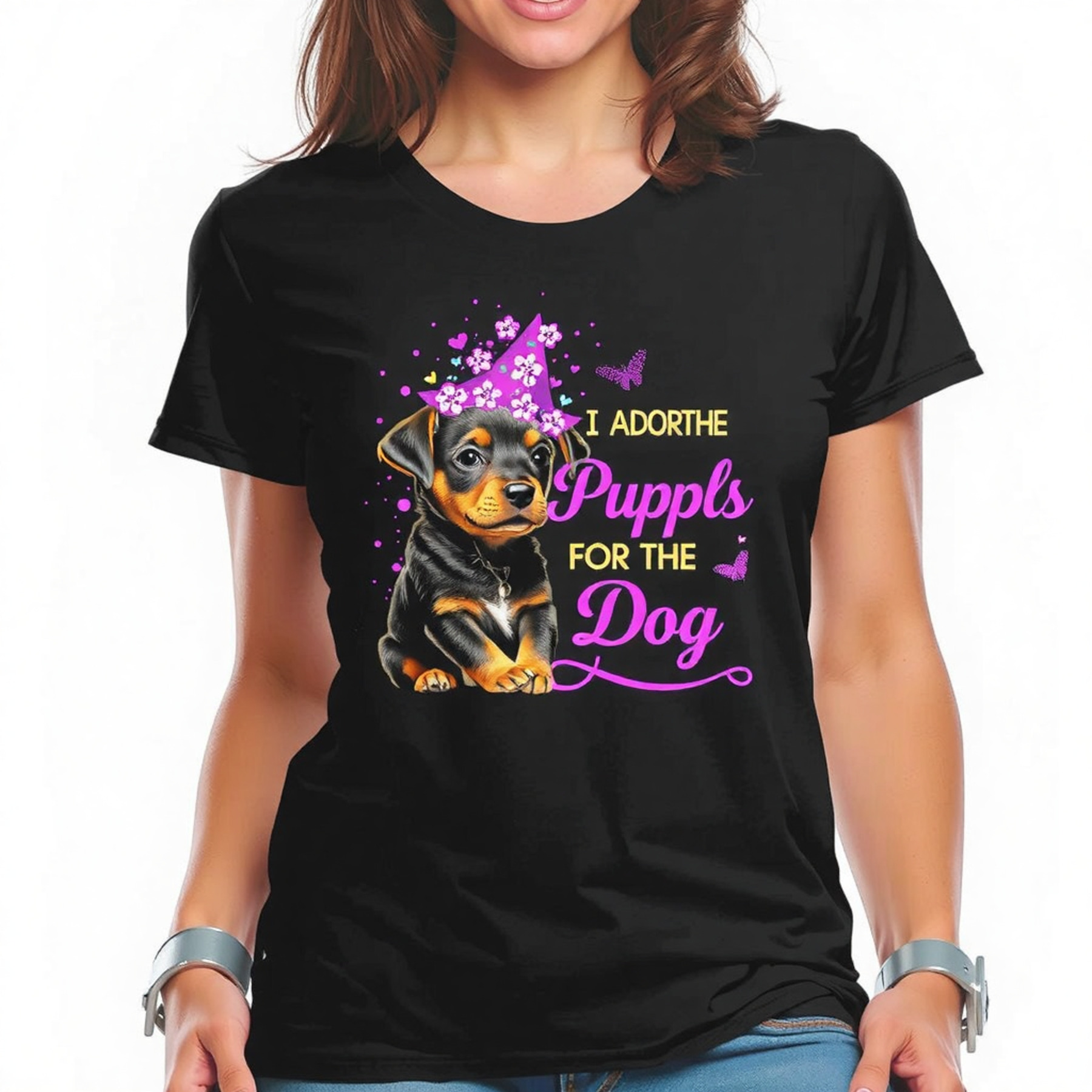 Cute Black T-Shirt with Adorable Puppy Graphic & Floral Design "I ADORE ...