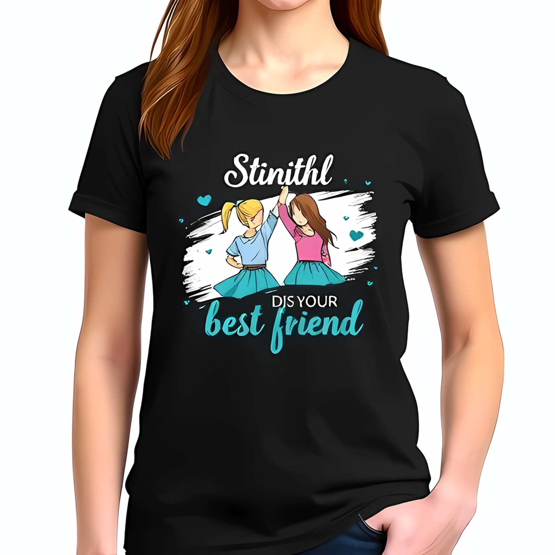 Cute Black T-Shirt with Girls High-Fiving Illustration Hearts "DIS YOUR ...