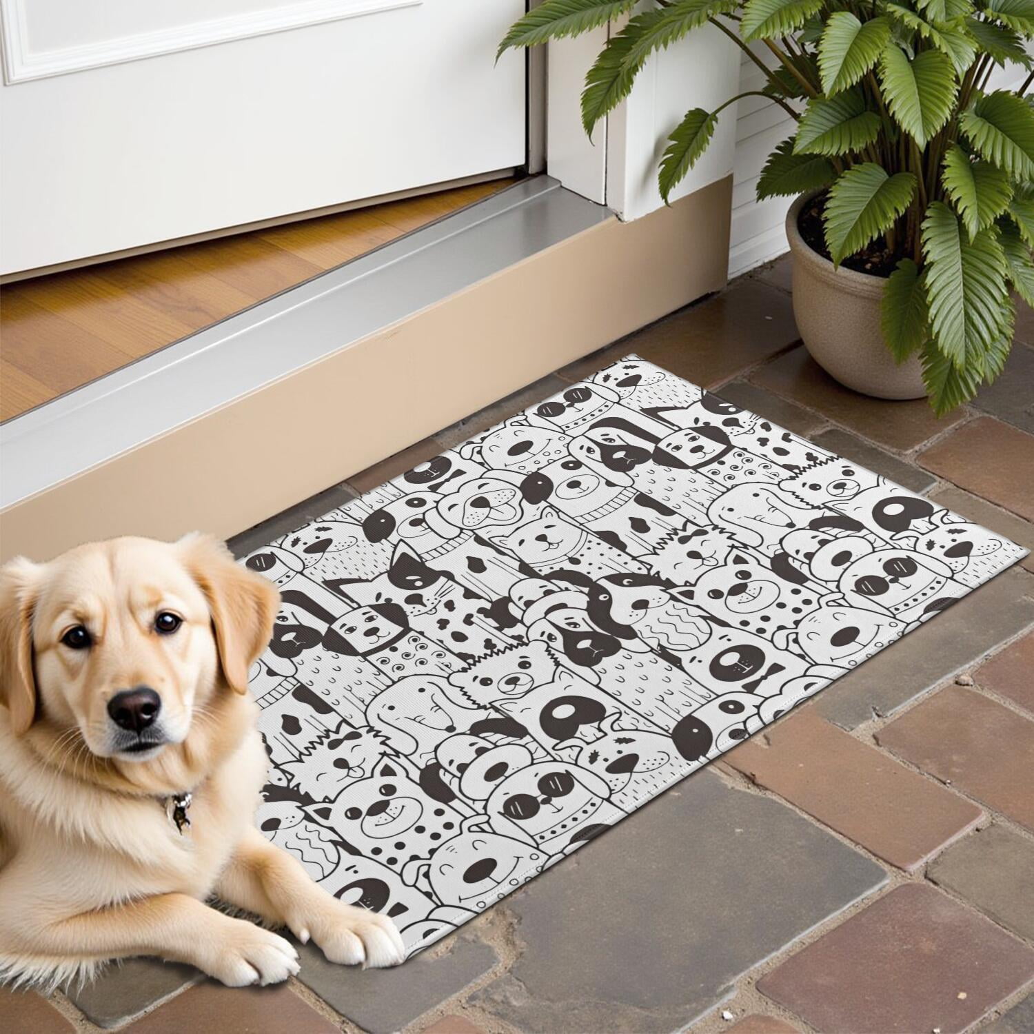 Cute Black and White Cartoon Line Drawing Dog Door Rugs,Washable Non ...
