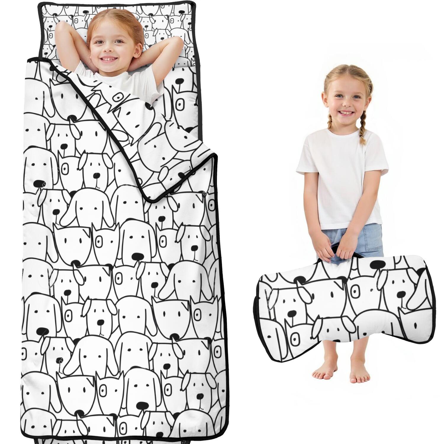 Cute Black and White Cartoon Line Drawing Dog Toddler Nap Mats for Kids ...