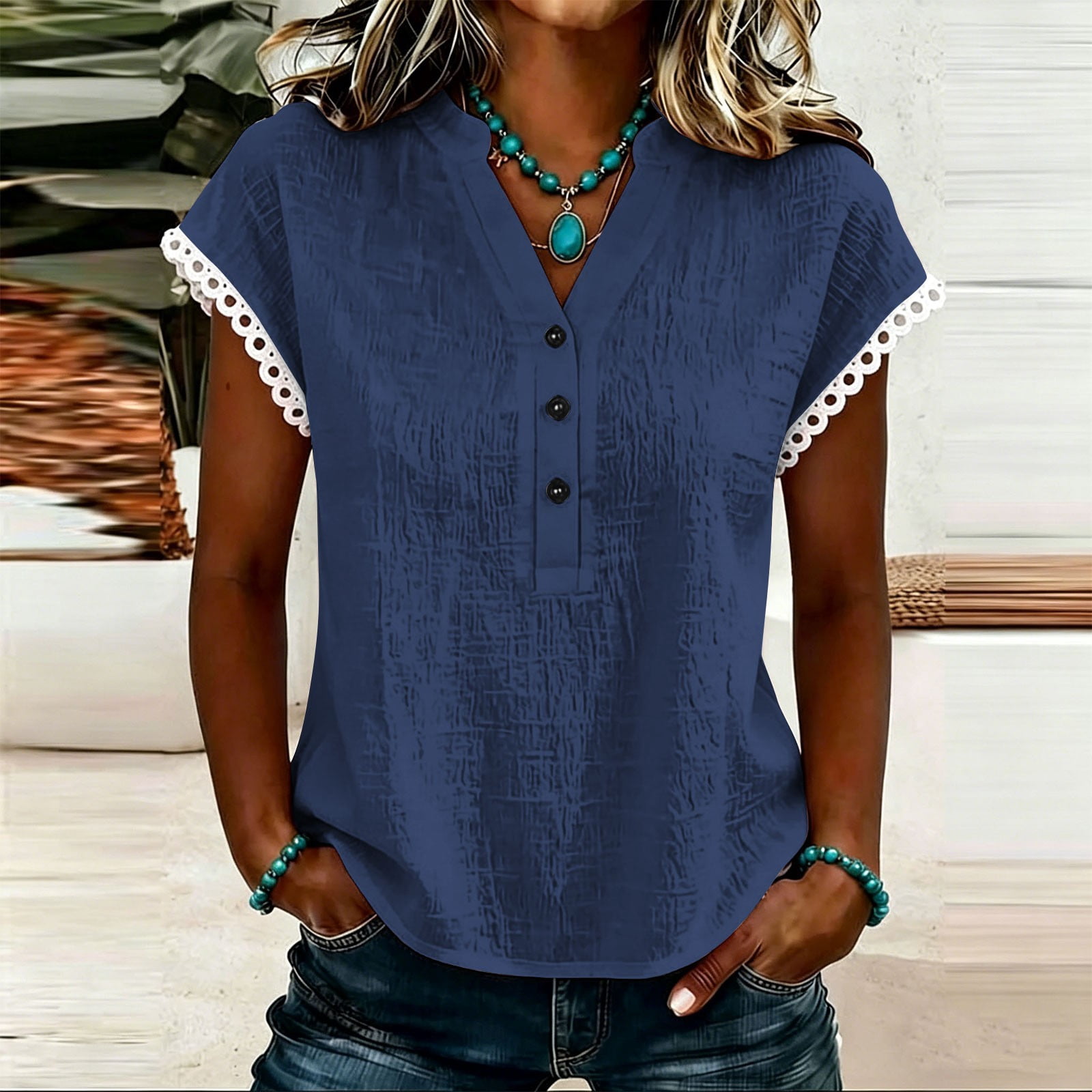 Cute Blouses Baberdicy Lace Patch V Neck Top, Short Sleeve Button ...