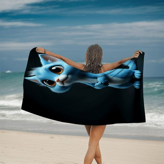 Cute Blue Cat Pattern Beach Towel - Fluffy Animated Design for Pool ...