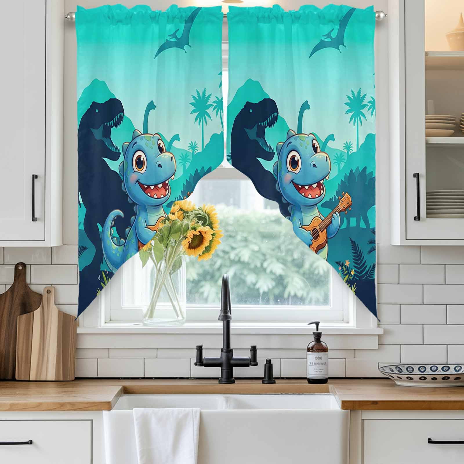 Cute Blue Dinosaur Swag Curtain Valance for Windows, Tree Silhouette ...