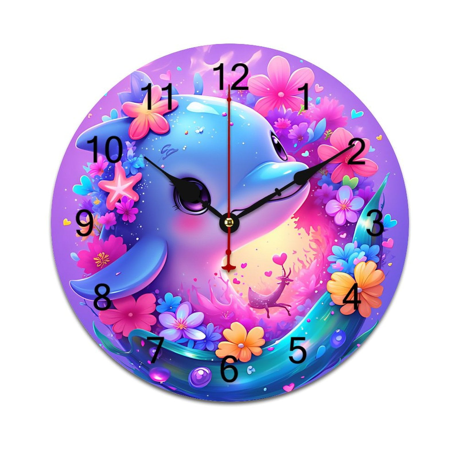 Cute Blue Dolphin Colorful Flowers Word Saying Big Wall Clock Home ...