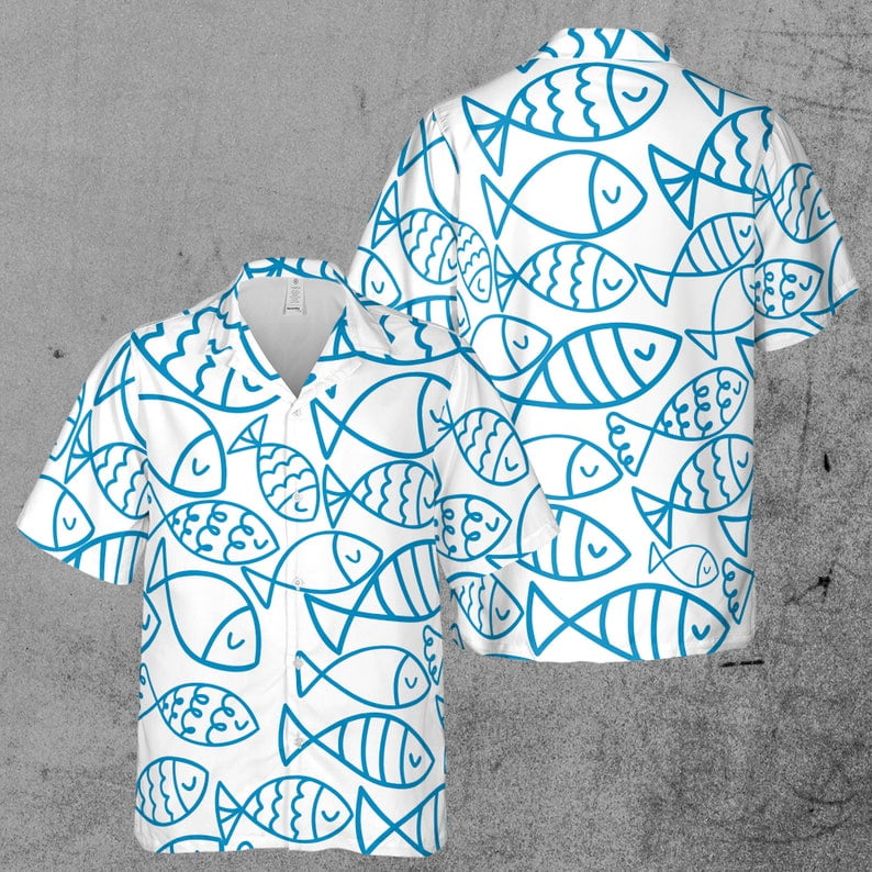 Cute Blue Fish Art Hawaiian Shirt, Cute Blue Fish Hawaiian Shirt, Lover ...