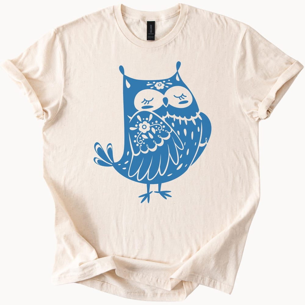 Cute Blue Folk Art Owl Graphic On Natural Shirt Sleepy Floral Bird ...