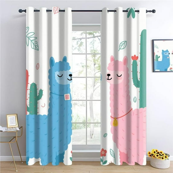 Cute Blue Pink Alpacas Cactus Blackout Curtains, Thermal Insulated ...
