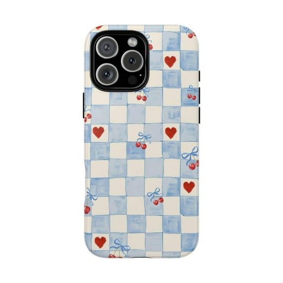 Cute Blue Red Fruit Cherry Heart Checkerboard Protective Tough Case for ...
