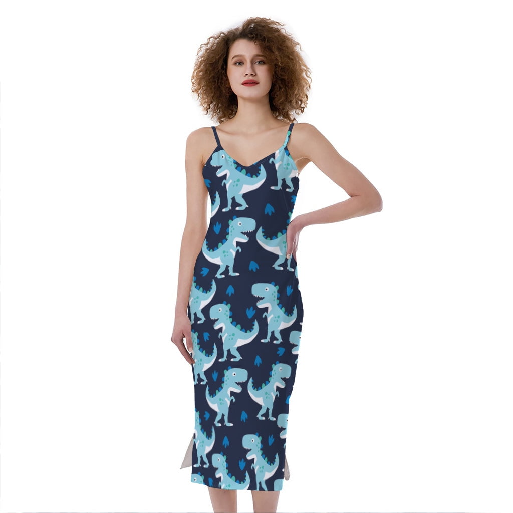 Cute Blue T-Rex Dinosaur Pattern Print Slim Fit Midi Cami Dress ...