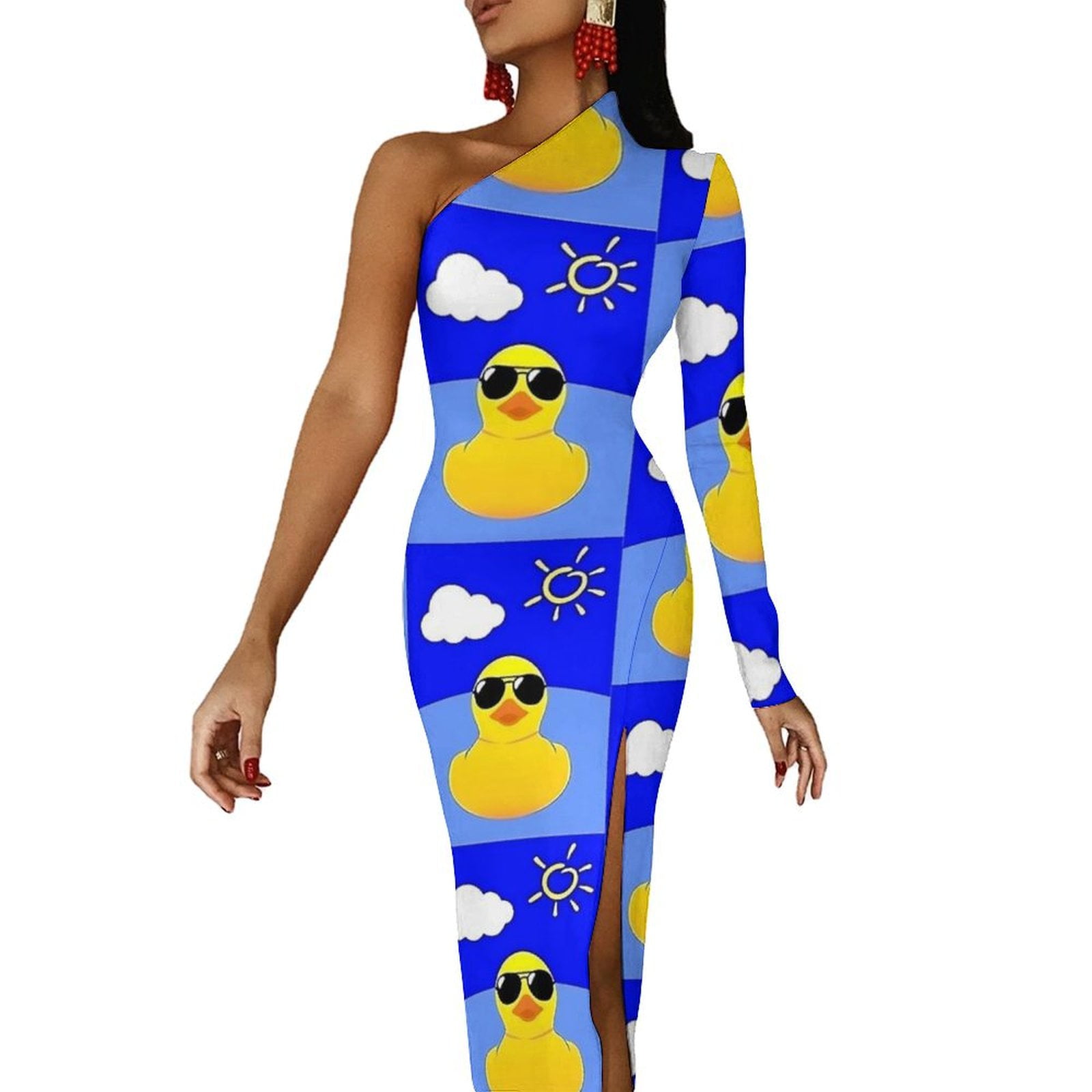 Cute Blue Yellow Rubber Ducks Maxi Dress One Shoulder Elegant Bodycon ...