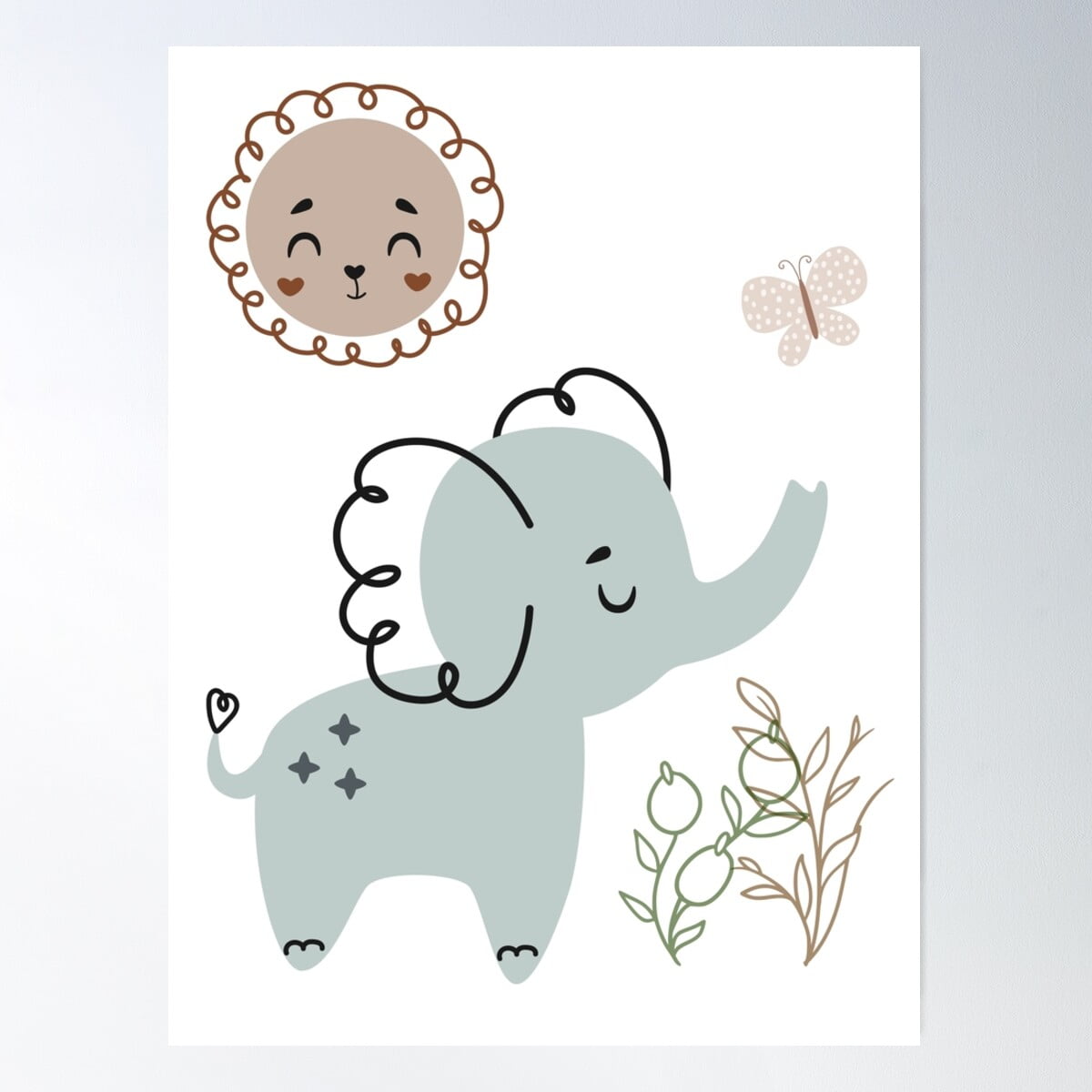 Cute Boho Elephant With Jungle Grass, Butterfly, And Sun Poster Wall ...