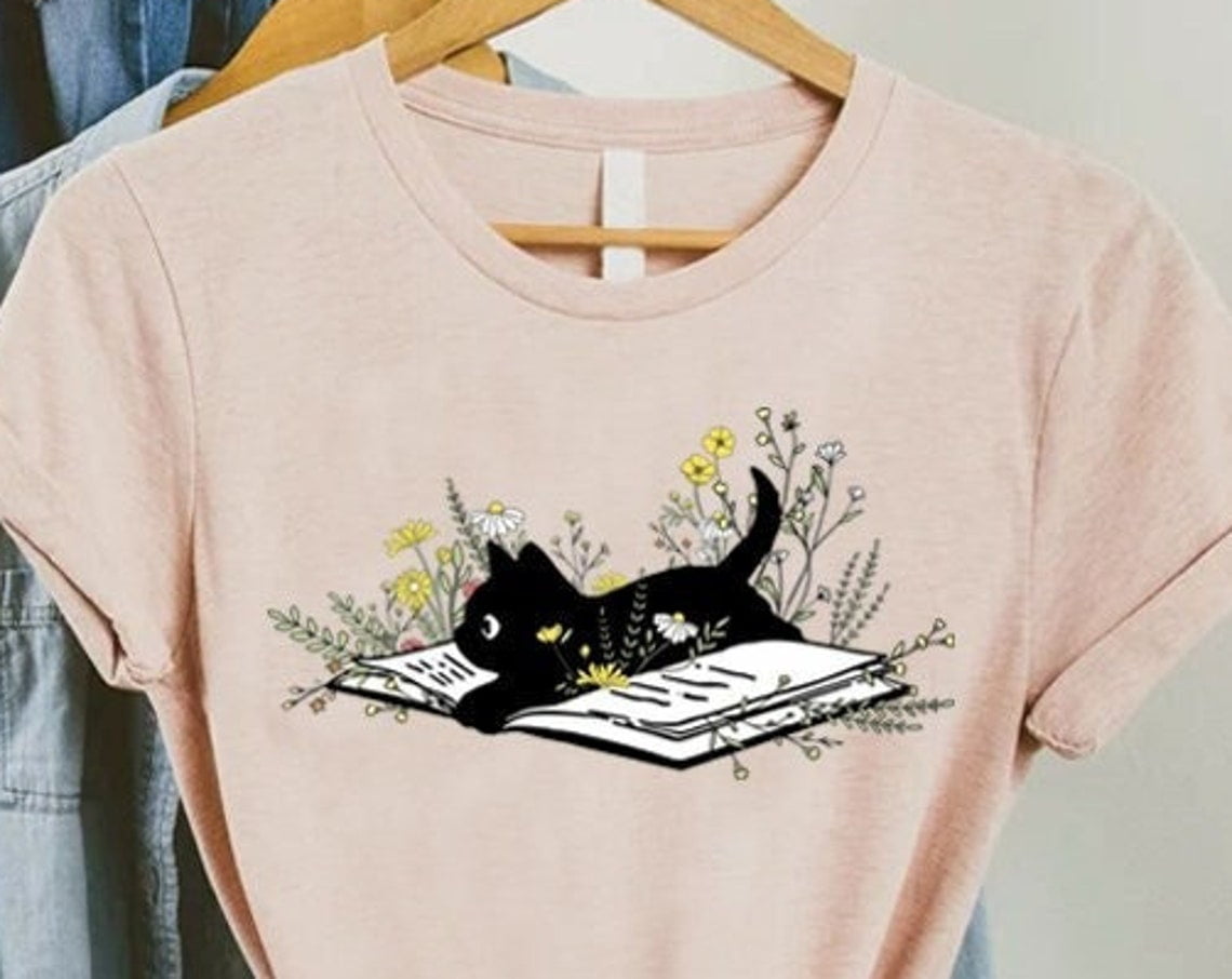 Cute Book Cat Shirt,Cat Mom Gift,Book Nerd Shirts,Floral Cat Tshirt,Cat Book Reading Tee,Books ...