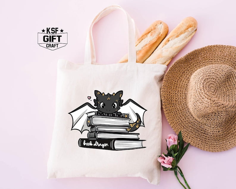 Cute Book Dragon Tote Bag, Book Club Tote Bag, Book Lovers Bag, Fantasy ...