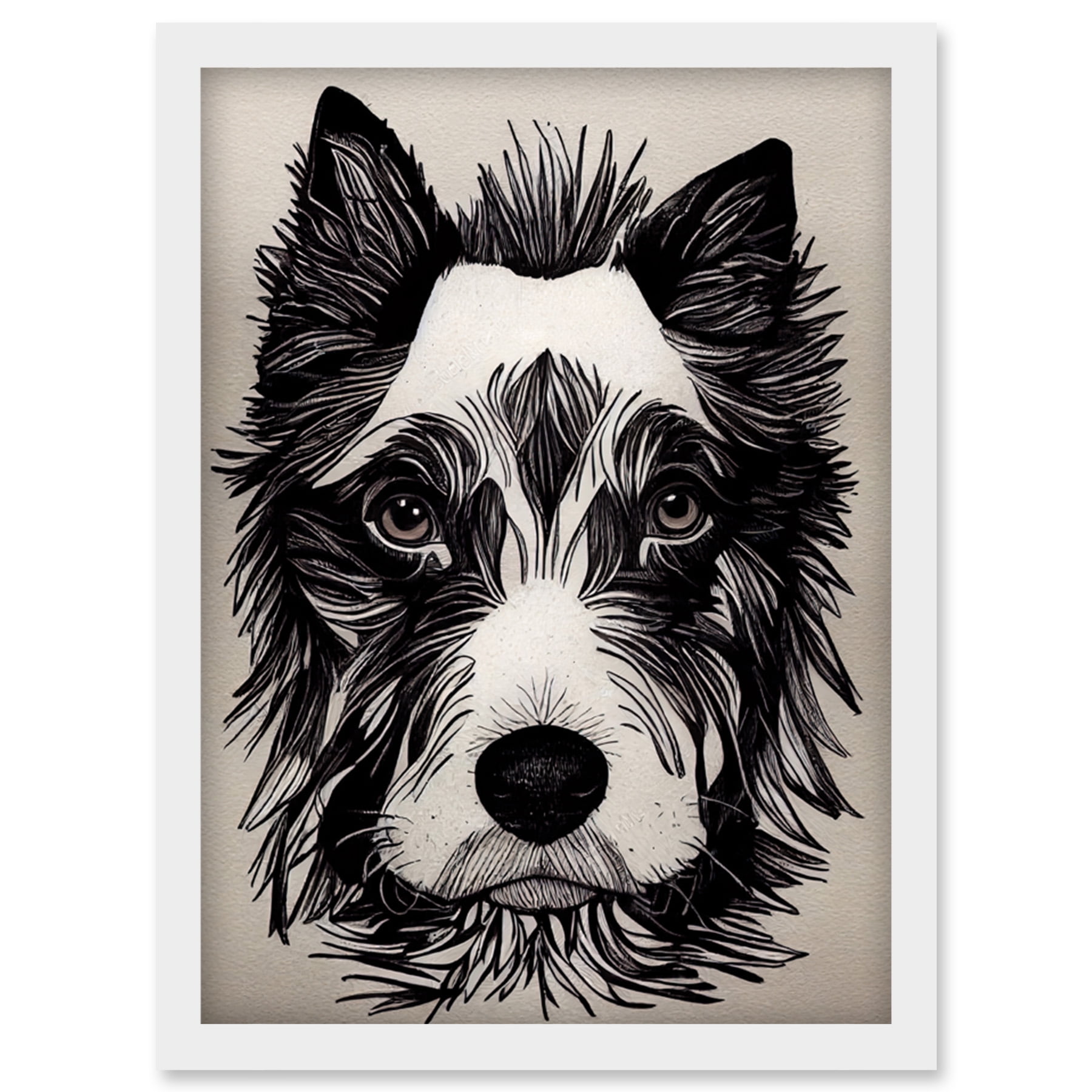 Cute Border Collie Face Portrait Ink Line Drawing Black White ...