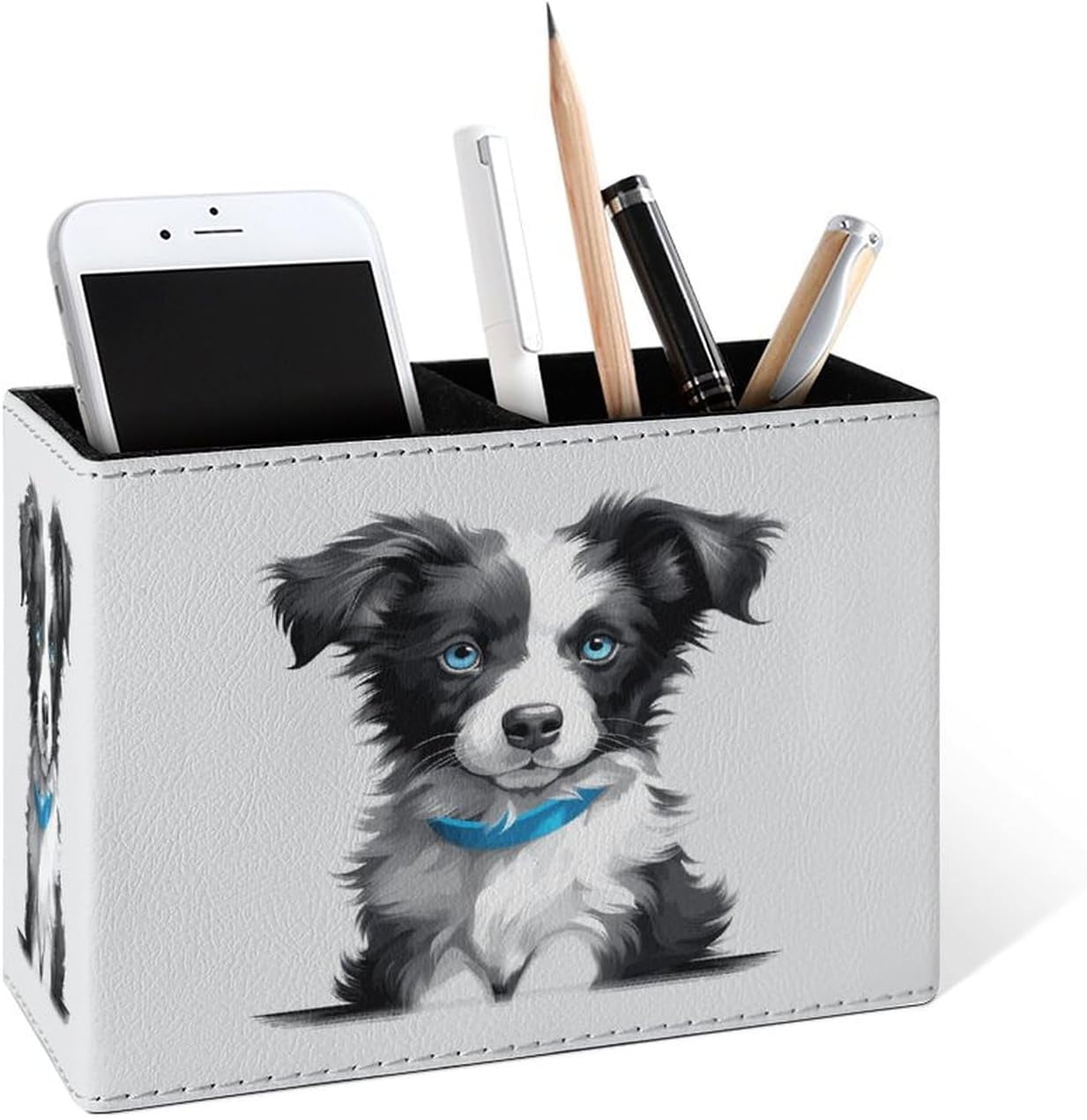 Cute Border Collie Puppy Pencil Holder for Desk, Leather Desktop ...