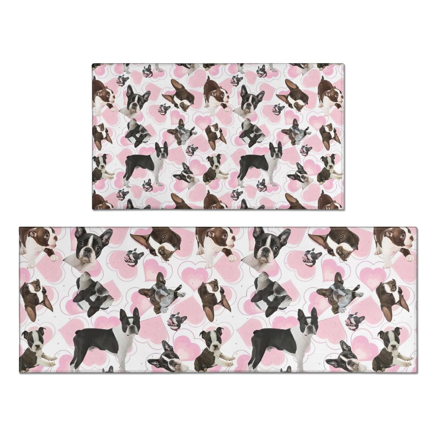 Cute Boston Terrier Dog and Pink Love Heart Kitchen Rugs Sets Of 2,Anti ...