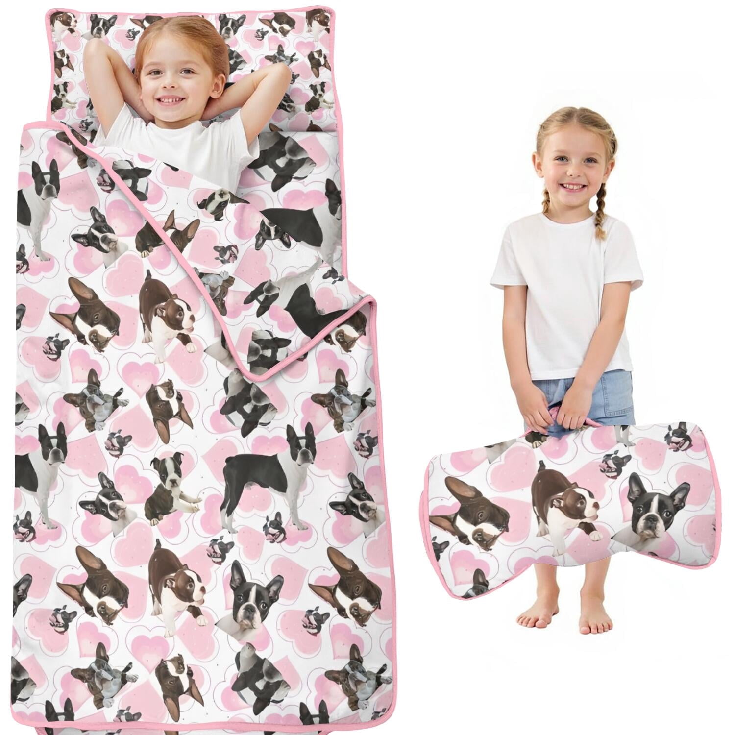 Cute Boston Terrier Dog and Pink Love Heart Toddler Nap Mats for Kids ...