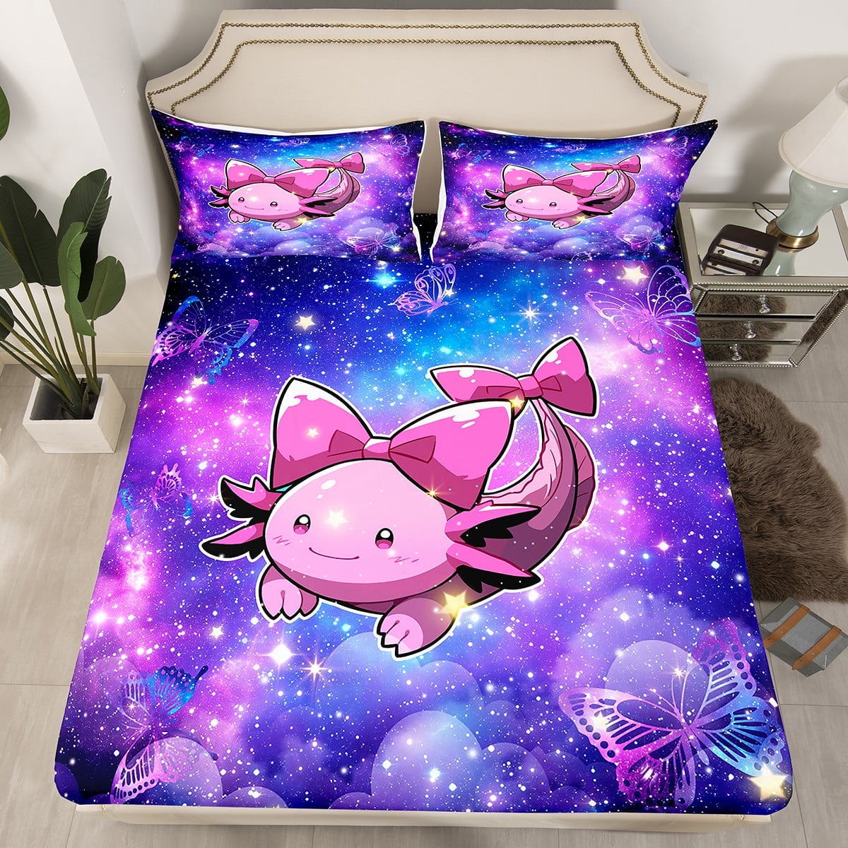 Cute Bow Axolotl Bed Sheets Pink Kawaii Axolotl Twin Bedding Set Starry ...