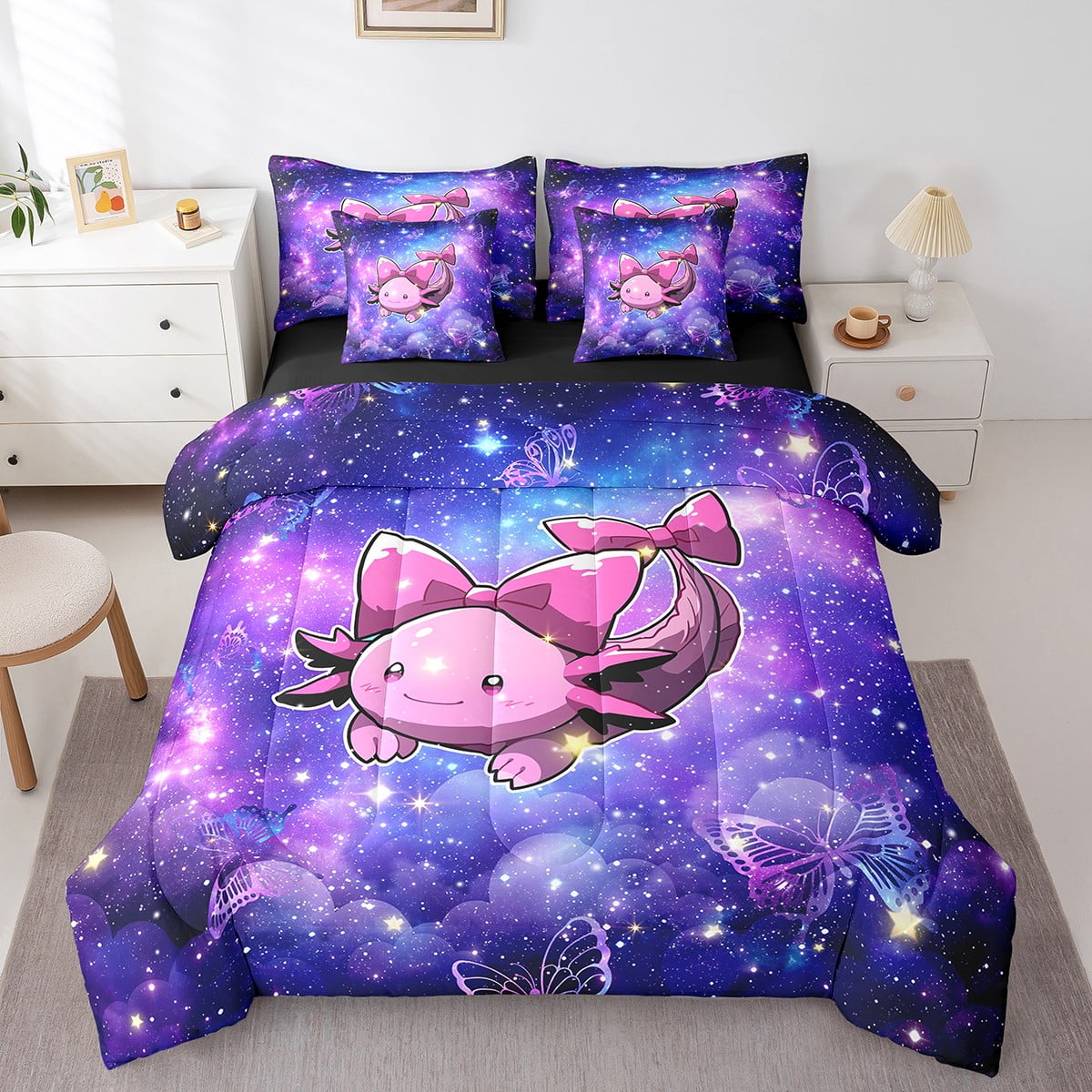 Cute Bow Axolotl Bedding Set 7-Piece Pink Kawaii Axolotl Full Comforter ...