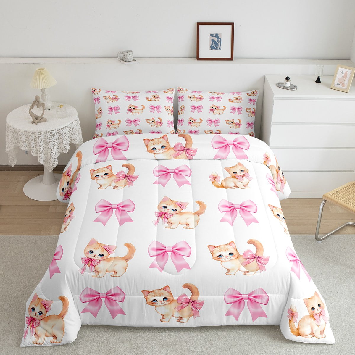 Cute Bow Cat Comforter Set Queen Size,Pink Bowknot Pattern Quilt Set ...